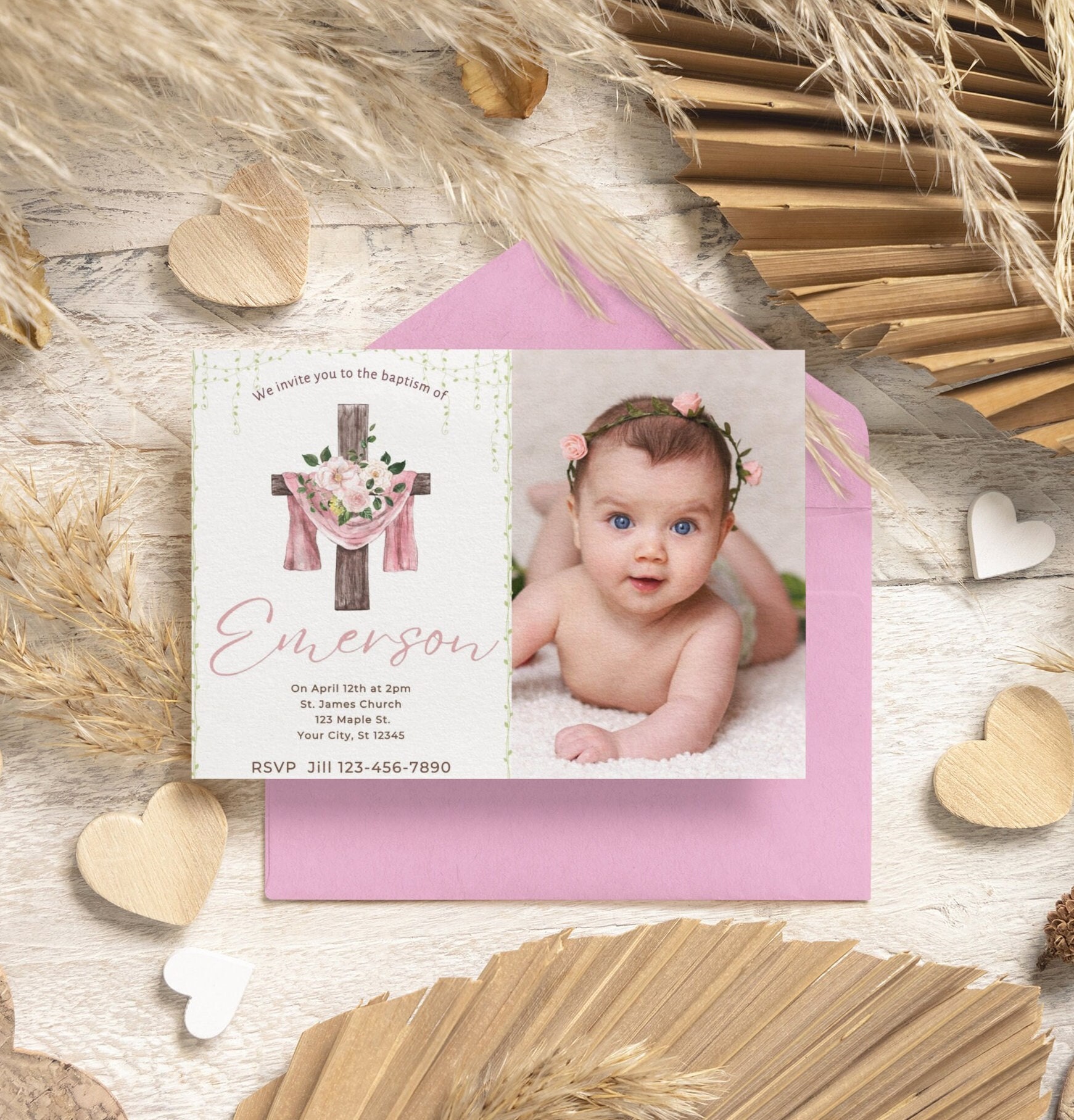 Editable Girl Baptism Invitation Template Pink Boho Baptism Invite ...