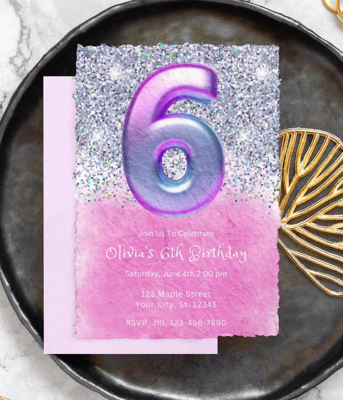 Editable Pink 6th Birthday Invitation Template Glitter Birthday Party ...