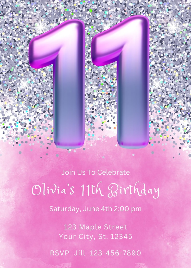 Editable Pink 11th Birthday Invitation Template Glitter Birthday Party ...