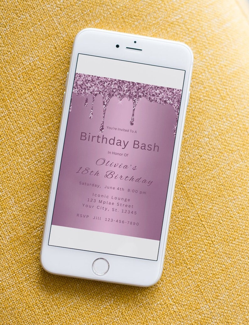 Editable Pink Birthday Invitation Template Pink Glitter Dripping Rose ...