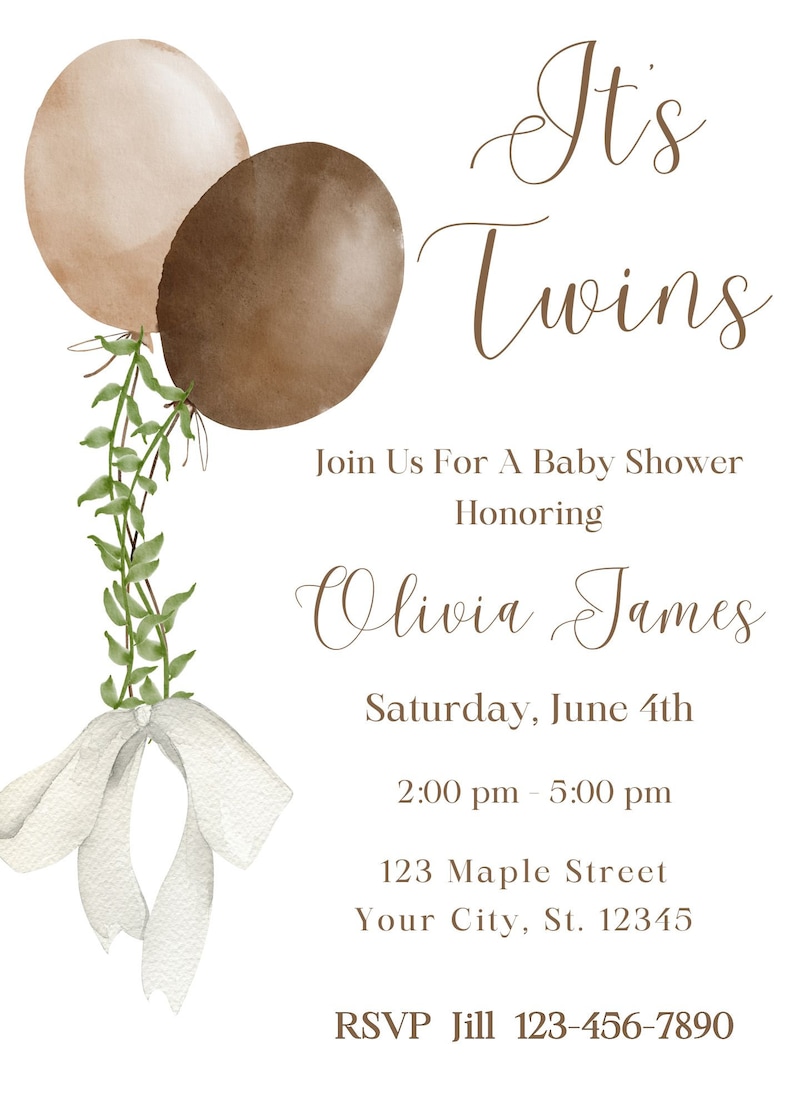 Editable Twins Baby Shower Invitation Template Neutral Watercolor Twins ...