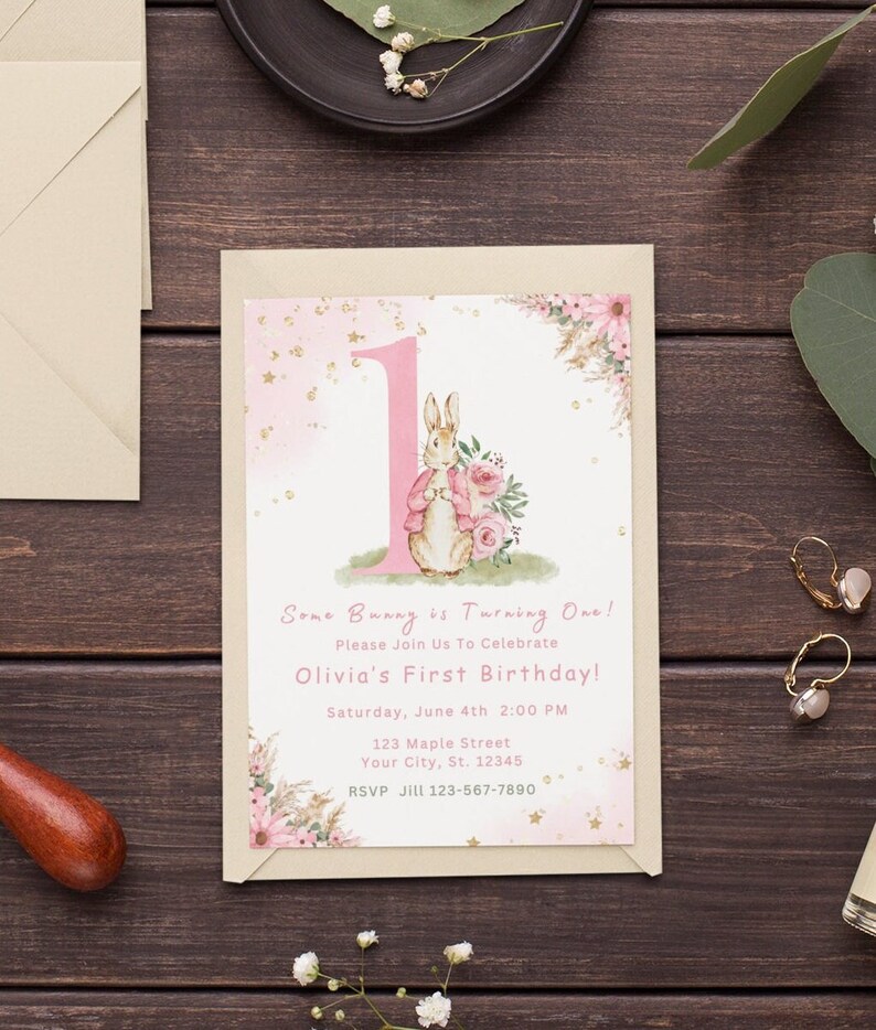 Peter Rabbit First Birthday Invitation Template Editable Invite Rustic ...