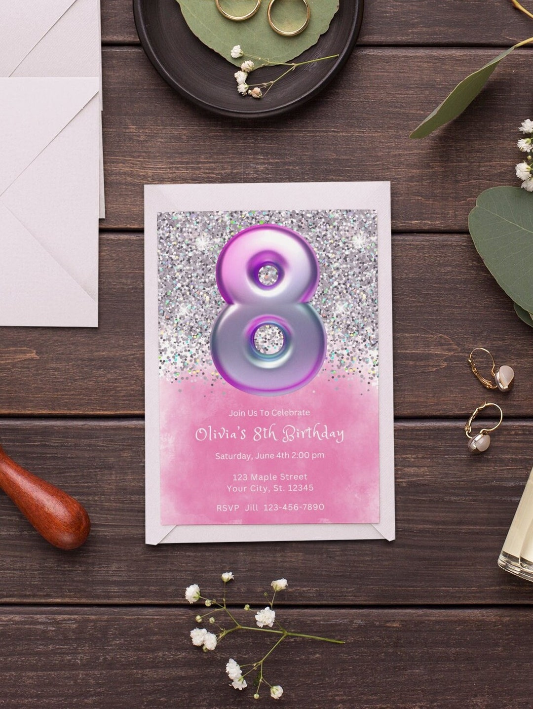 Editable Pink 8th Birthday Invitation Template Glitter Birthday Party ...