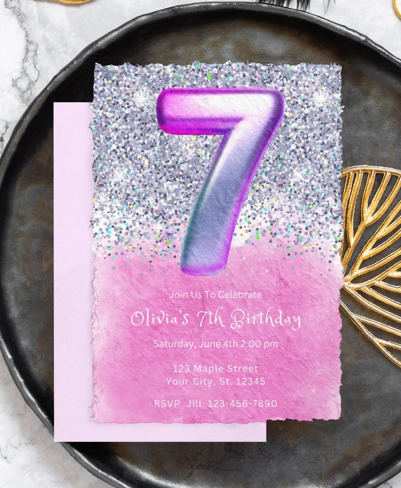 Editable Pink 7th Birthday Invitation Template Glitter Birthday Party ...