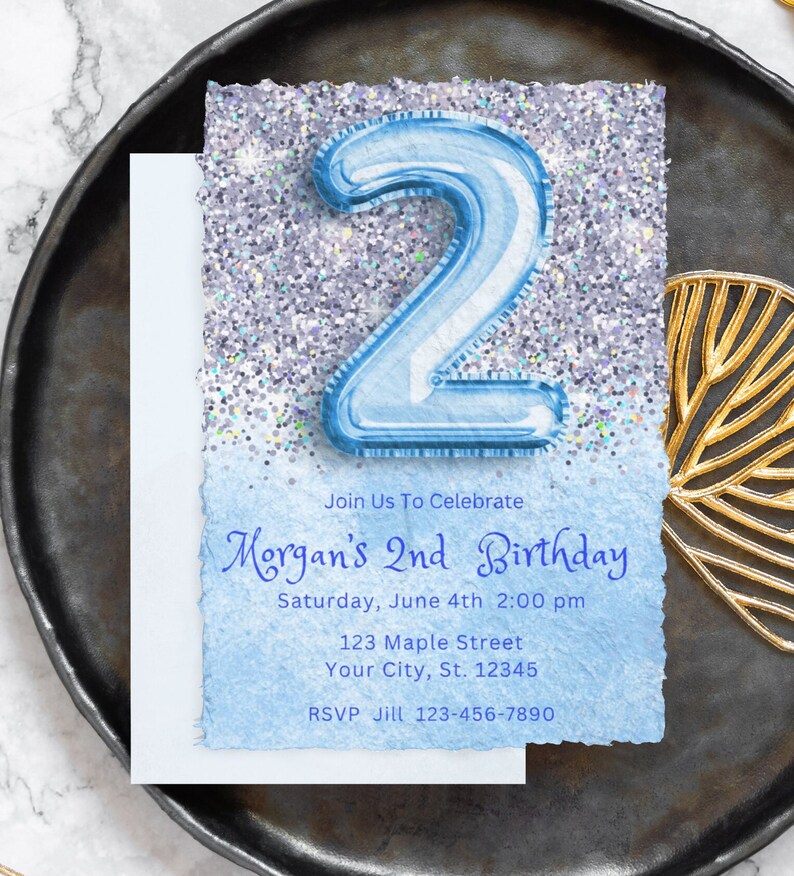 Editable 2nd Birthday Invitation Template Blue Glitter Birthday Party ...