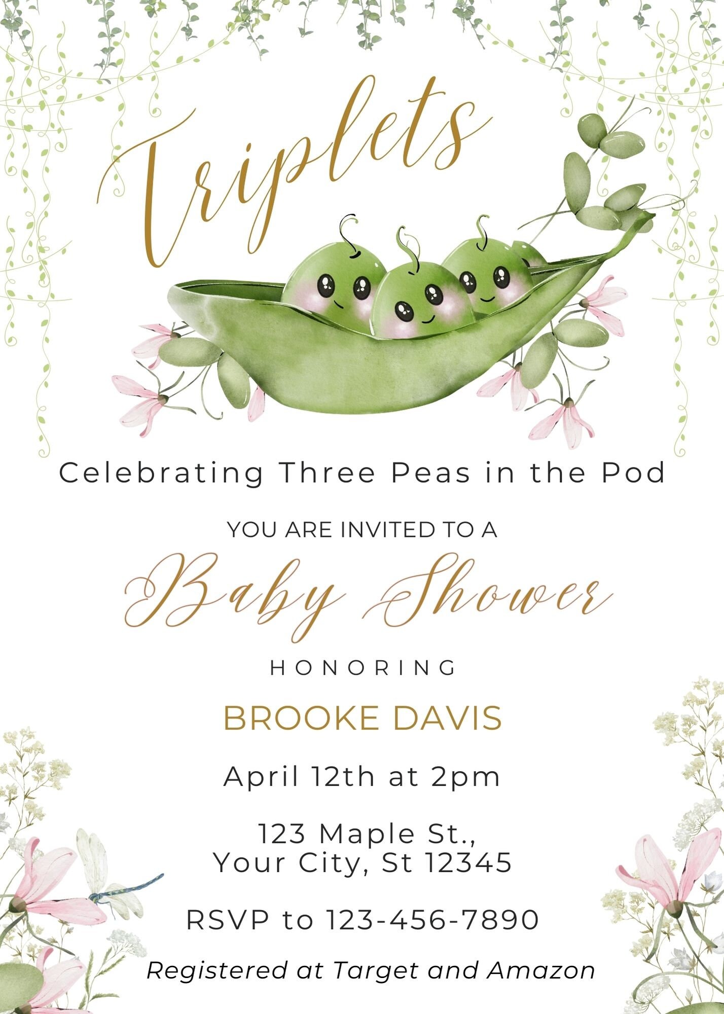 Triplets Baby Shower Invitation Template Baby Shower Three Peas in a ...