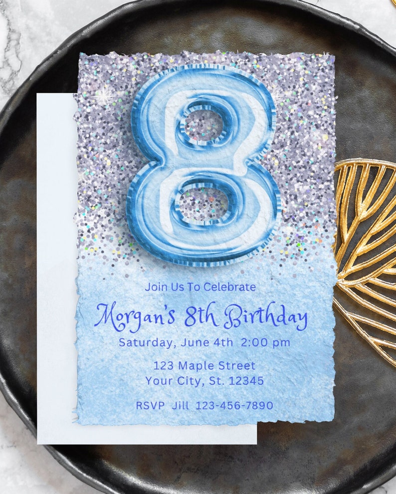 Editable 8th Birthday Invitation Template Blue Glitter Birthday Party ...