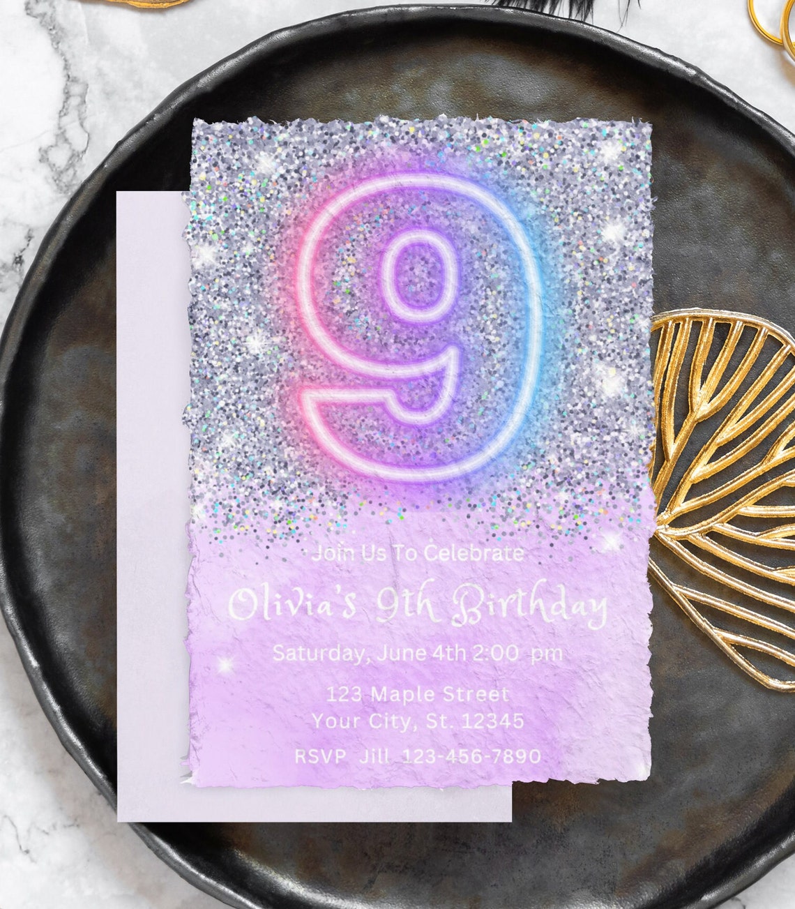 Editable 9th Birthday Invitation Template Purple Glitter Birthday Party ...
