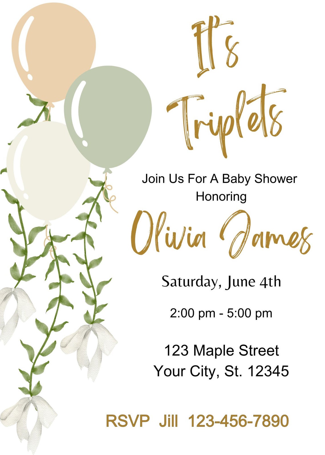 Editable Triplets Baby Shower Invitation Template Neutral Balloon Baby ...