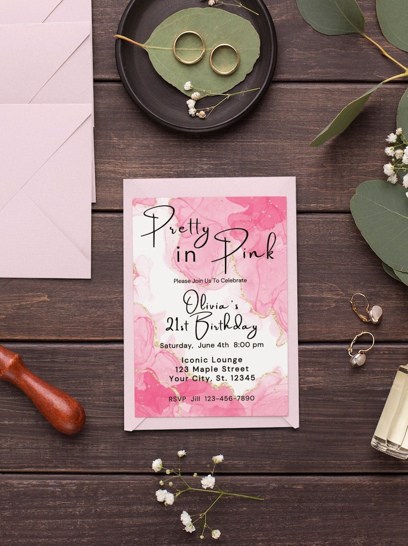 Editable Pink Birthday Invitation Template Pretty in Pink and Gold ...