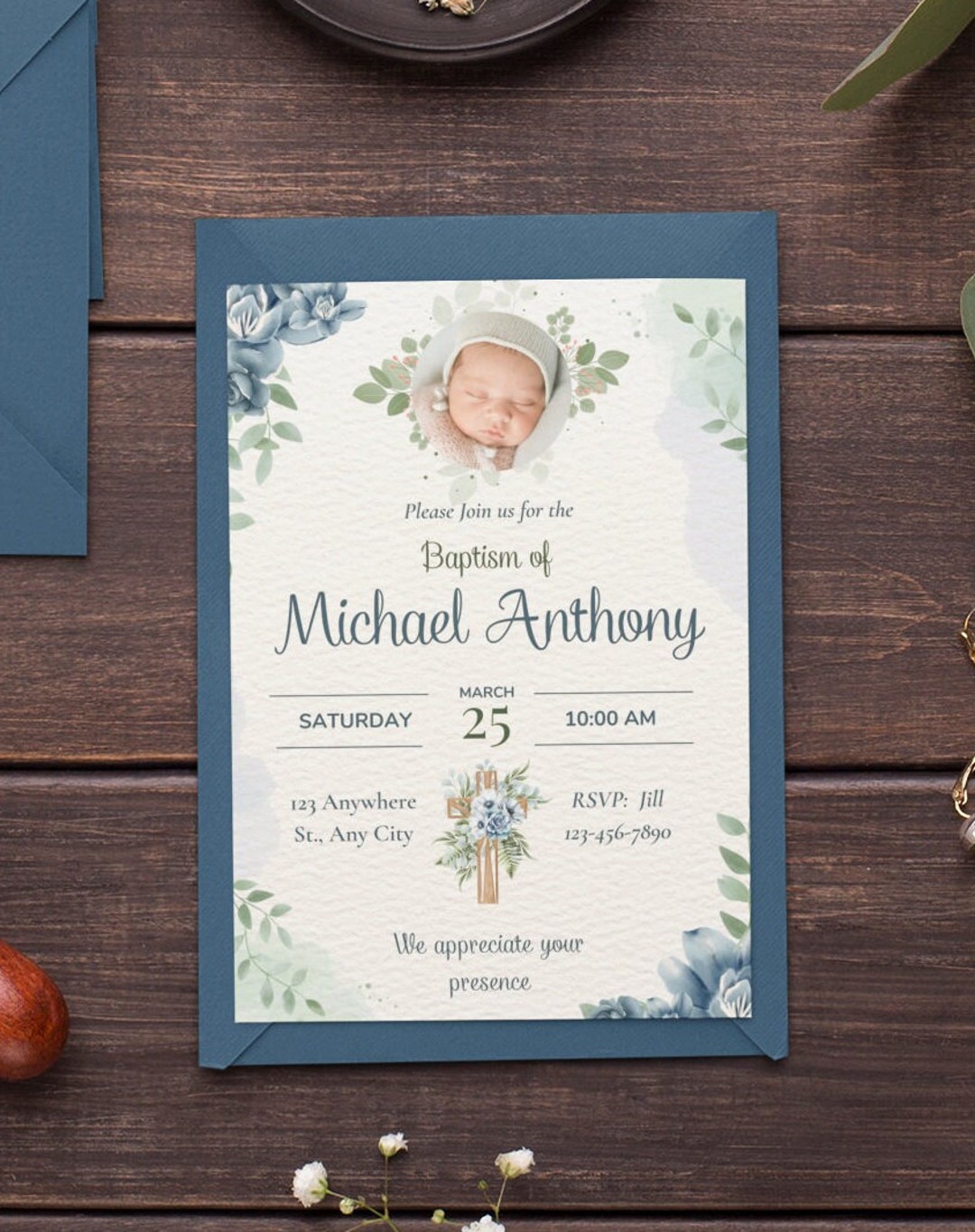 Blue Baptism Invitation Template Boy Christening Invitation Blue Floral ...