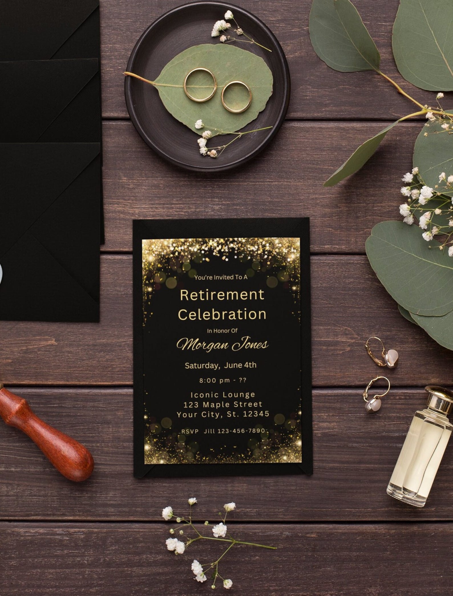 Gold Glitter Retirement Invitation Template Editable Black and Gold Retirement Party Gold ...