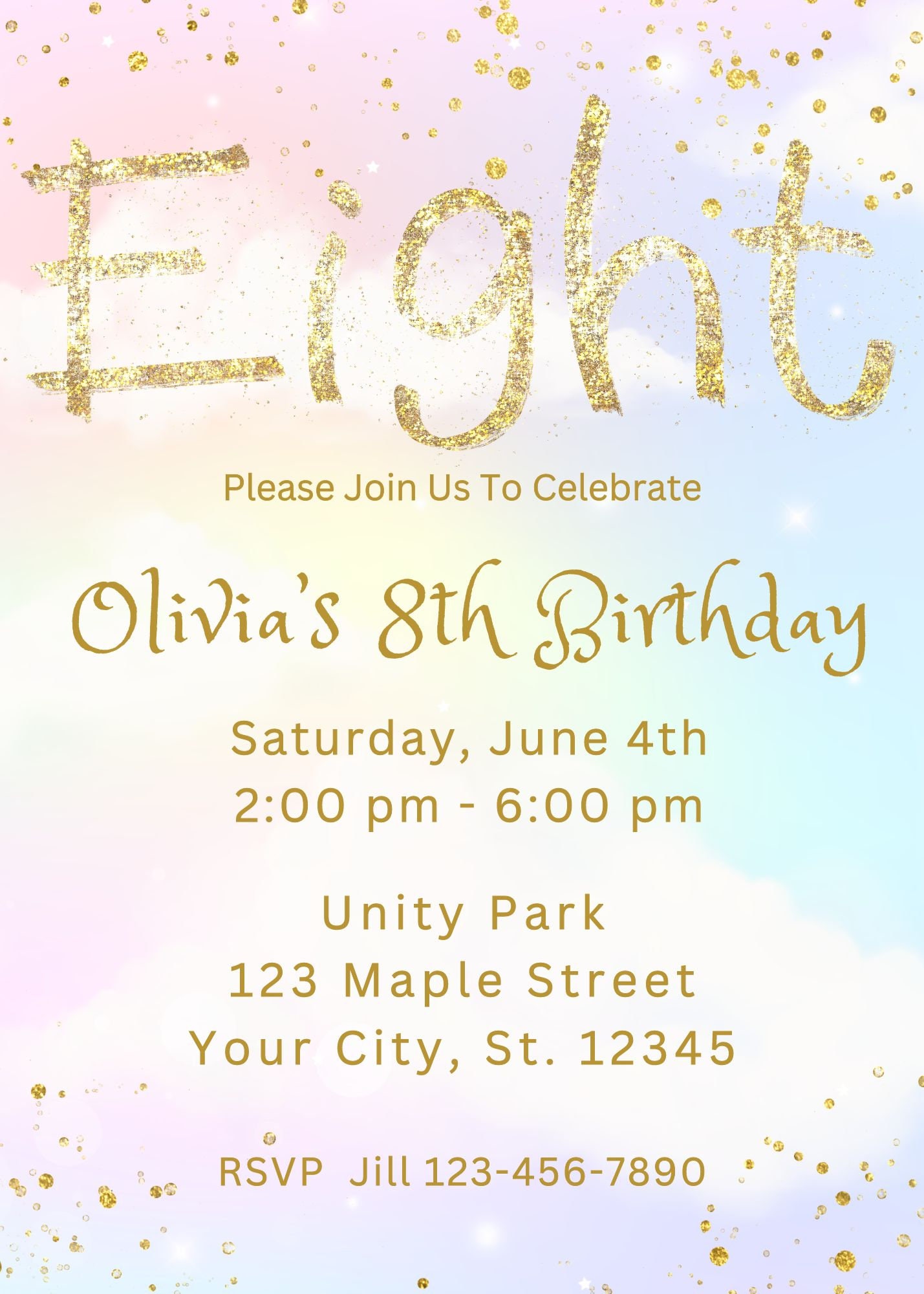 Editable Birthday Invitation Template Pastel Watercolor Gold Glitter ...