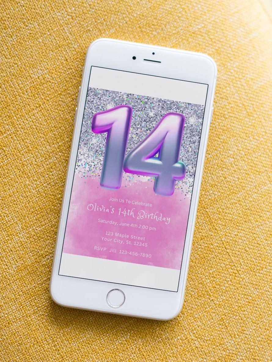 Editable Pink 14th Birthday Invitation Template Glitter Birthday Party ...