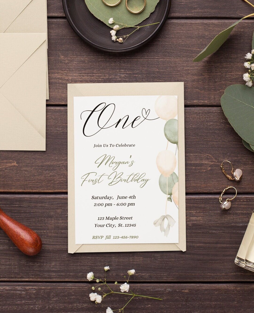 Editable 1st Birthday Invitation Template Blush Balloons First Birthday ...