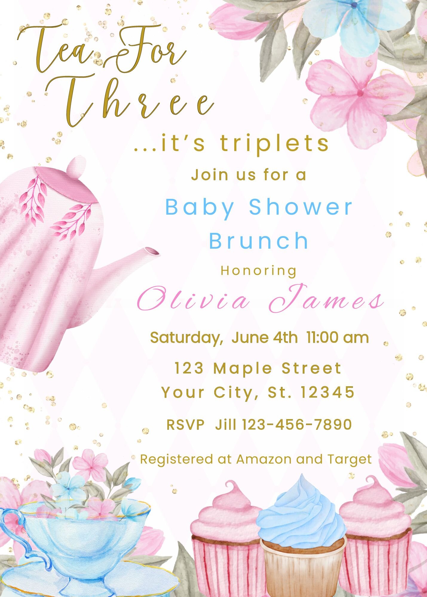 Editable Triplets Baby Shower Invitation Template Tea for Three ...