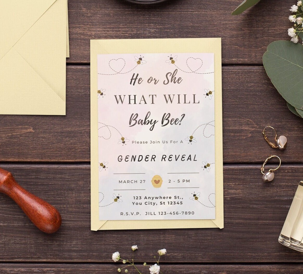 Editable Bee Gender Reveal Invitation Template What Will Baby Bee ...