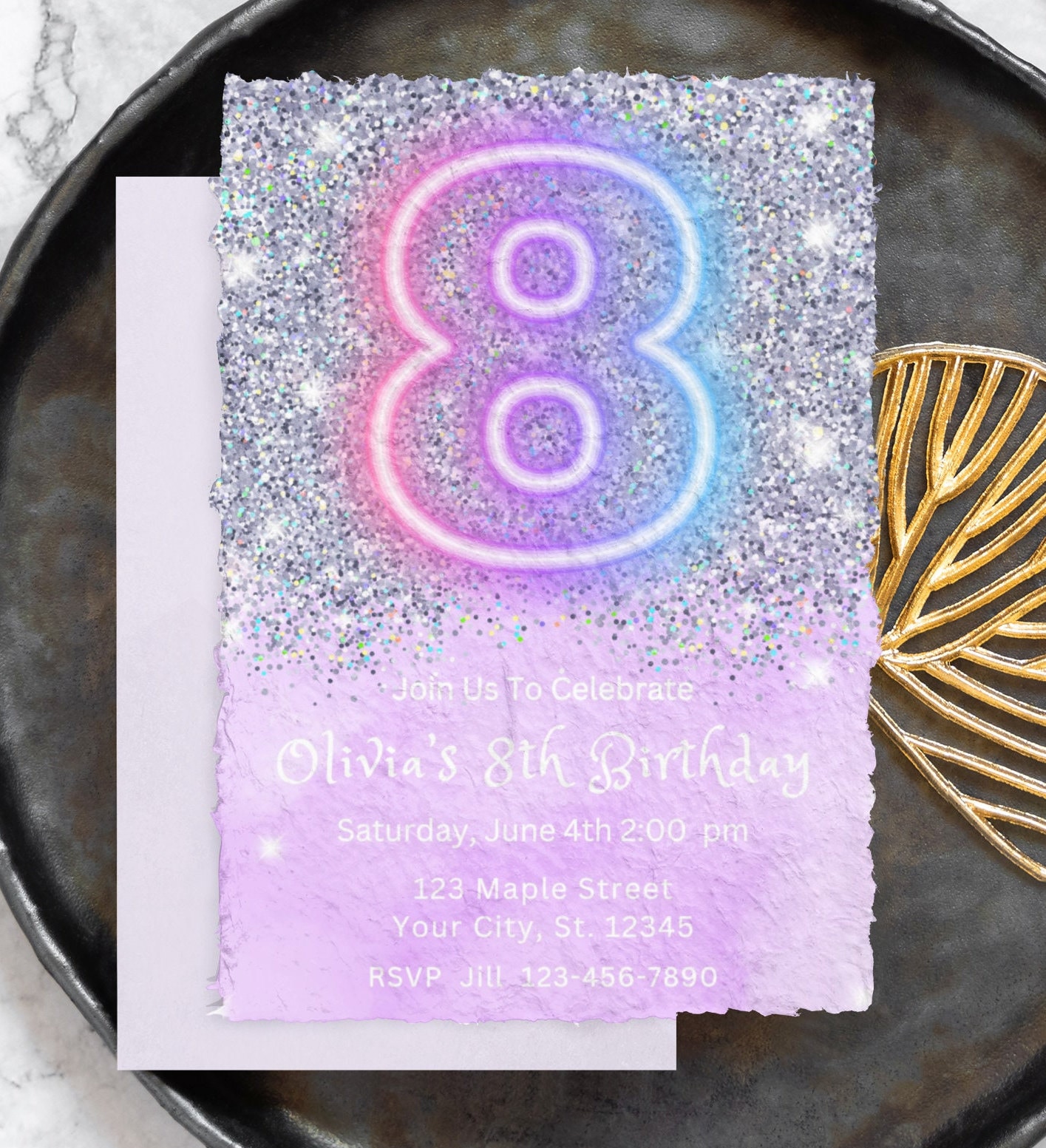 Editable 8th Birthday Invitation Template Purple Glitter Birthday Party ...