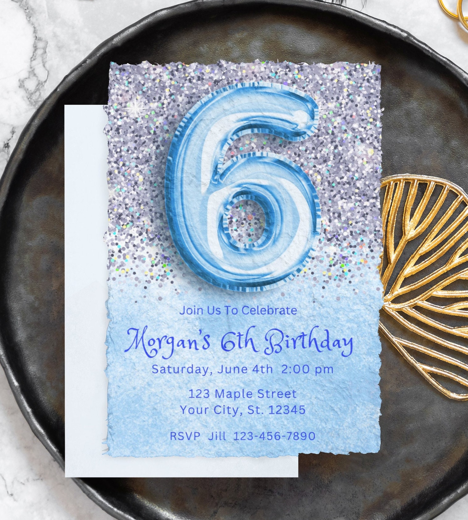 Editable 6th Birthday Invitation Template Blue Glitter Birthday Party ...