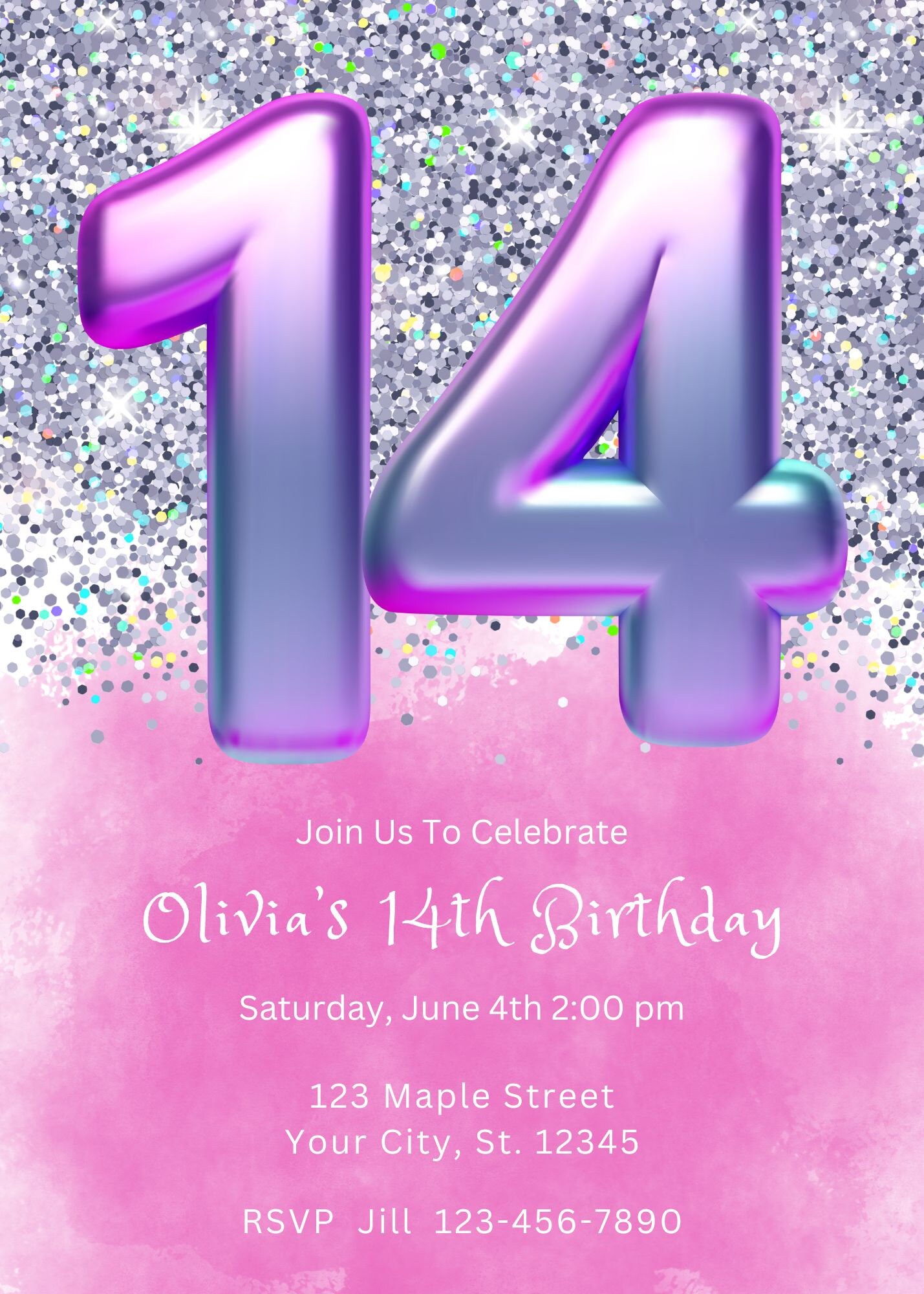Editable Pink 14th Birthday Invitation Template Glitter Birthday Party ...