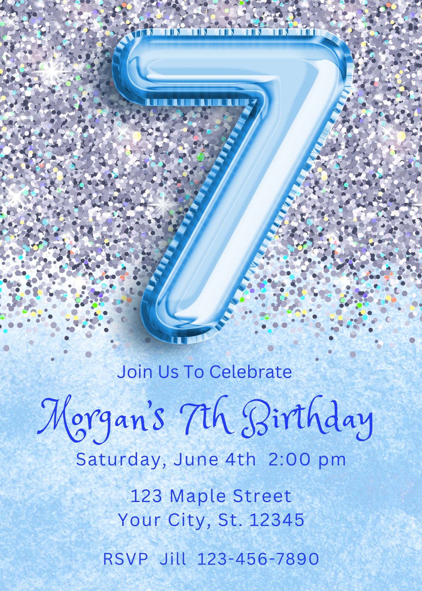 Editable 7th Birthday Invitation Template Blue Glitter Birthday Party ...