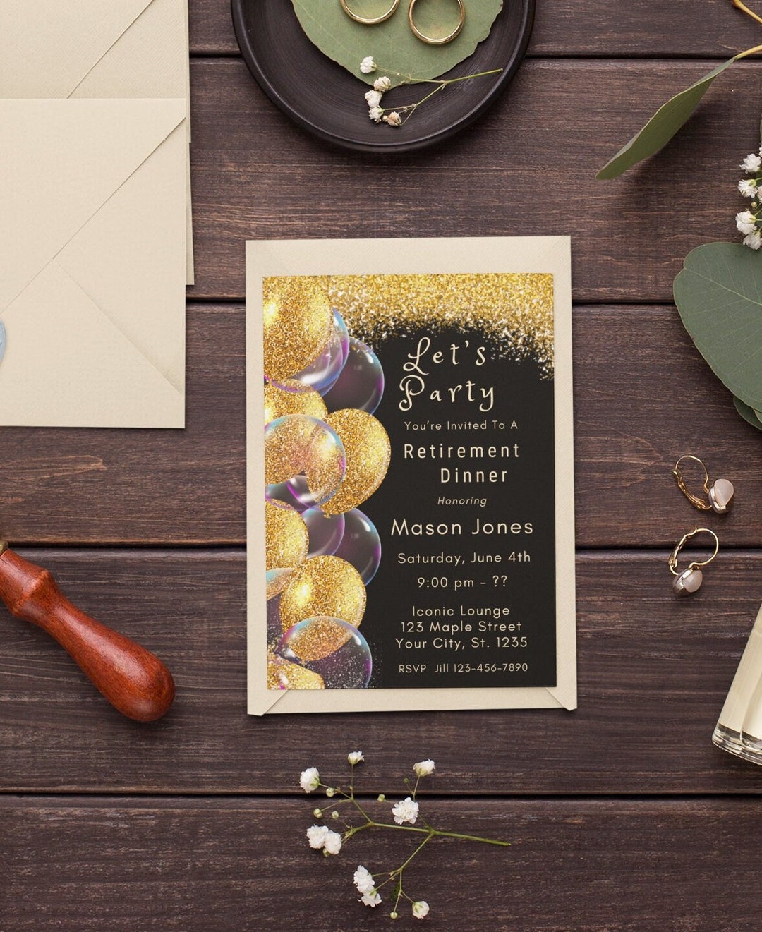 Gold Glitter Retirement Invitation Template Editable Black and Gold ...