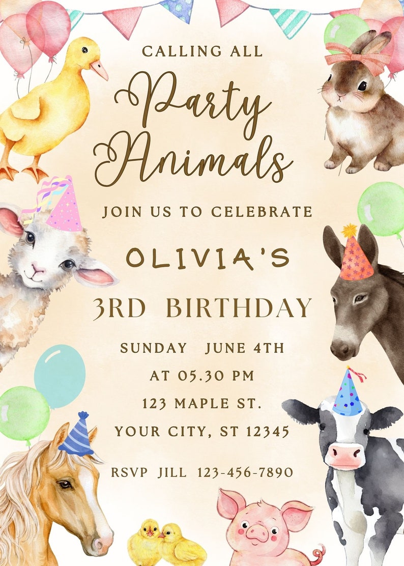 Editable Farm Animals Birthday Party Invitation Farm Barnyard 1st ...