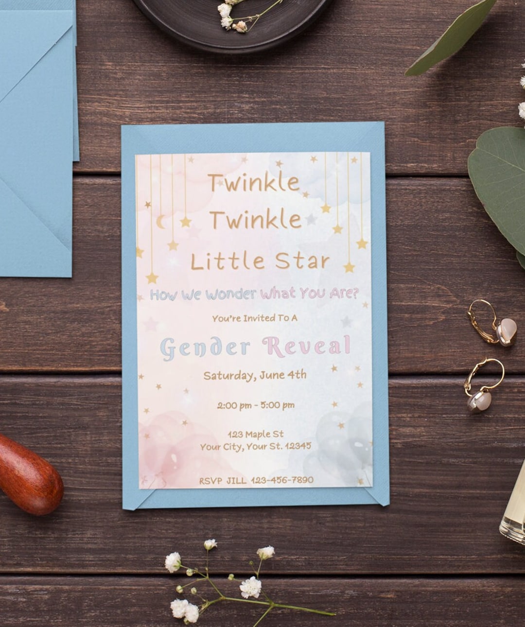 Twinkle Twinkle Little Star Gender Reveal Invitation Template Gold Moon and Stars Gender Reveal ...