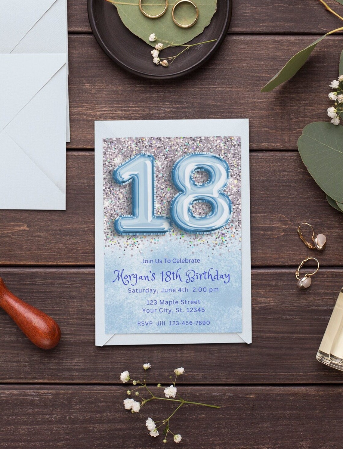 18th Birthday Invitation Template Blue Glitter Birthday Party Invite ...