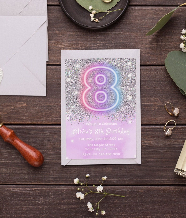 Editable 8th Birthday Invitation Template Purple Glitter Birthday Party ...
