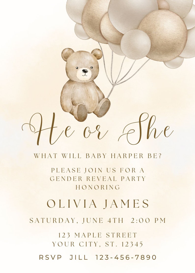Editable Gender Reveal Invitation Template Teddy Bear Balloon Gender ...