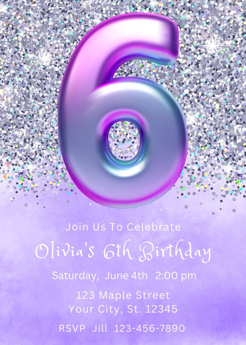 6th Birthday Invitation Template Purple Glitter Birthday Party Invite ...