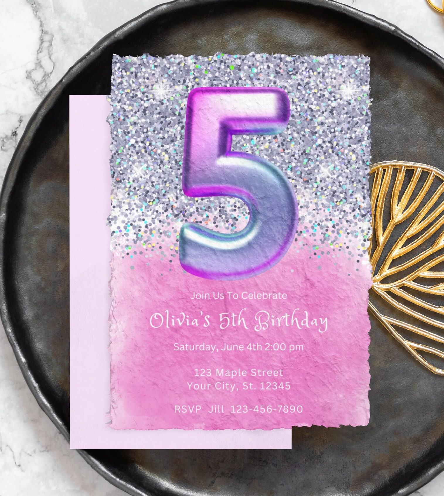 Editable Pink 5th Birthday Invitation Template Glitter Birthday Party ...