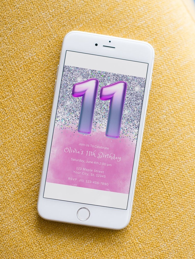 11th Birthday Invitation Template Pink Glitter Birthday Party Invite ...