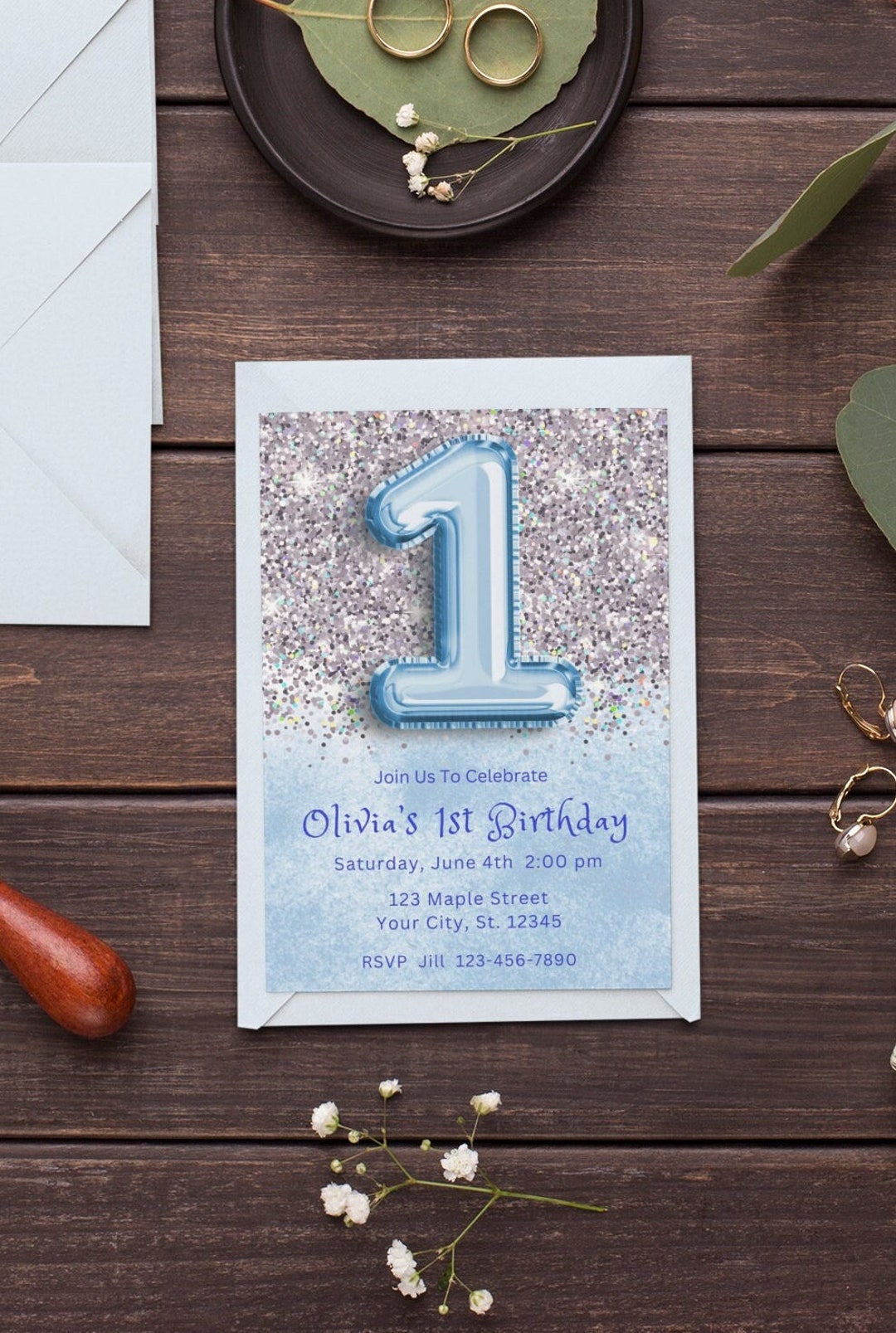 Editable 1st Birthday Invitation Template Blue Glitter Birthday Party ...