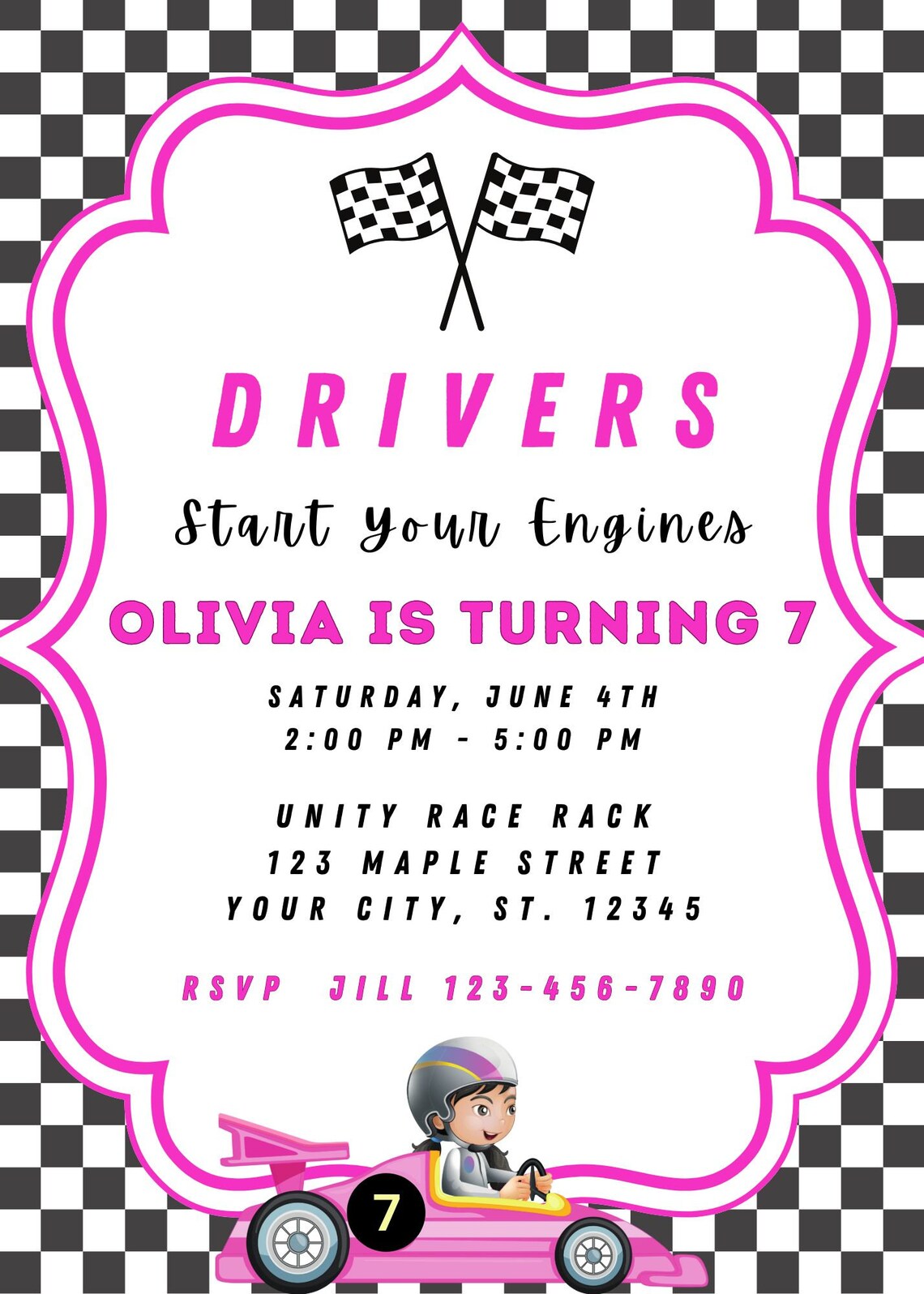 Pink Race Car Invitation Template Racing 2nd Birthday Invite Car ...