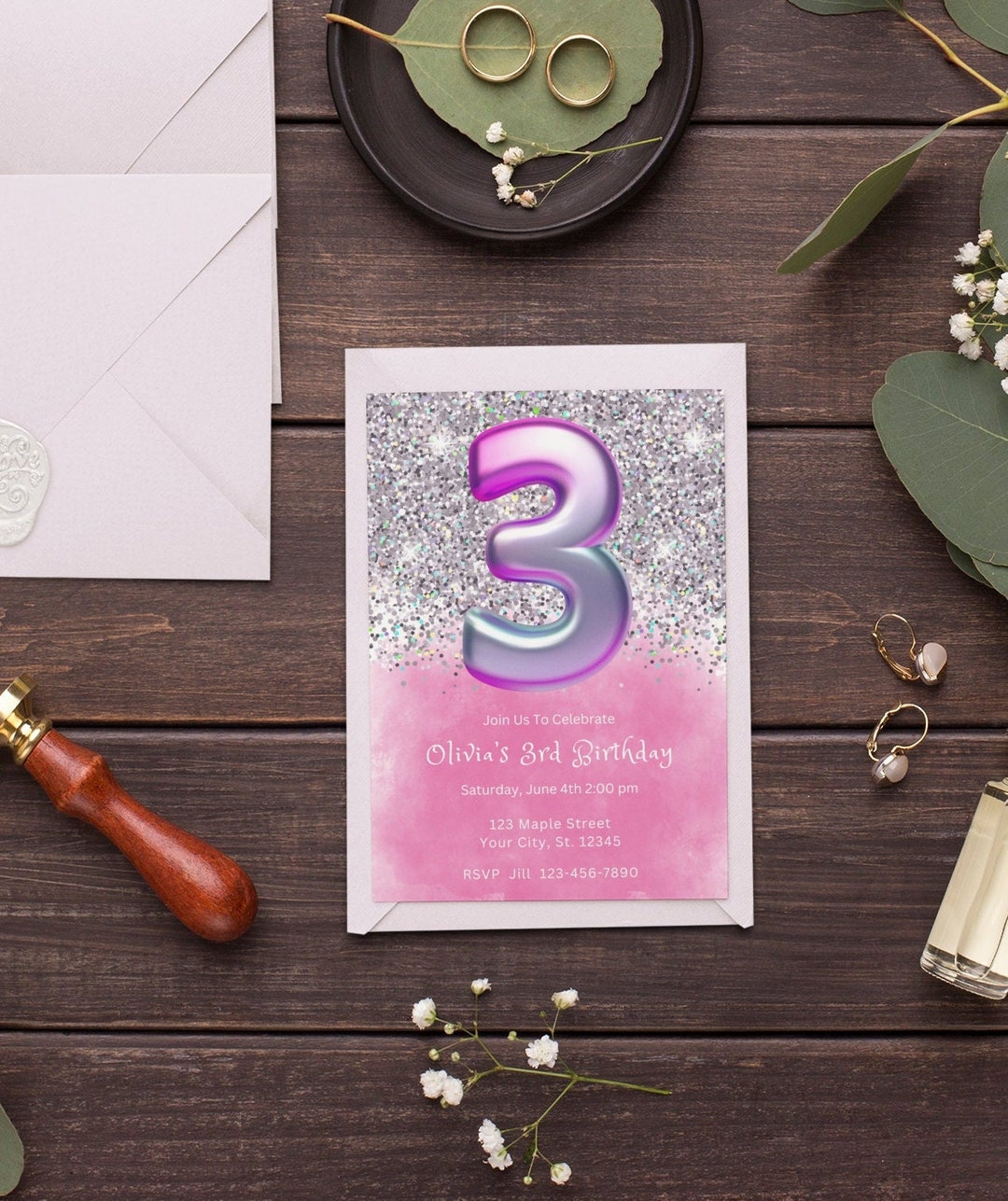 Editable Pink 3rd Birthday Invitation Template Glitter Birthday Party ...