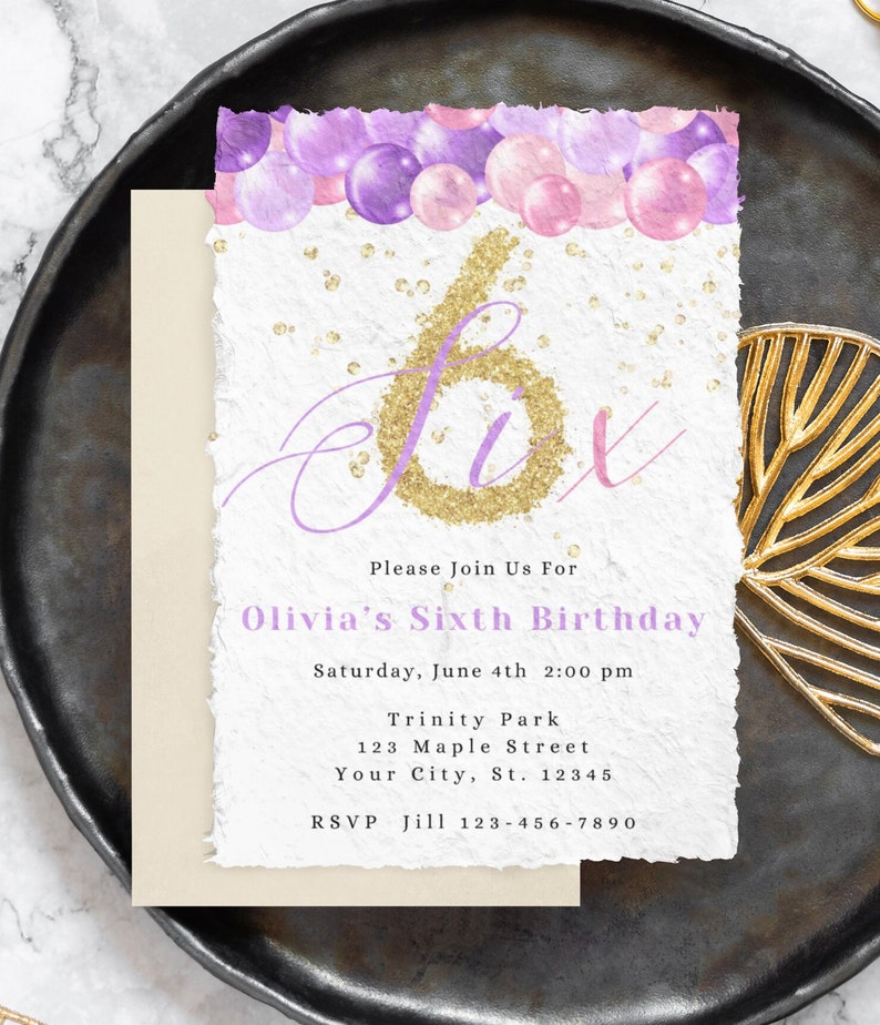Sixth Birthday Invitation Template Pink and Purple 6th Birthday Invite ...
