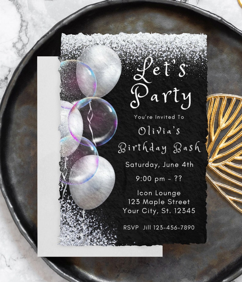 Editable Black Silver Birthday Invitation Black White Electronic ...