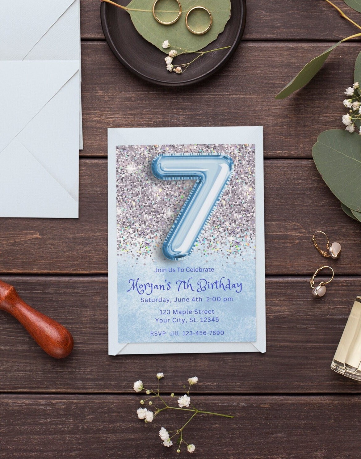 Editable 7th Birthday Invitation Template Blue Glitter Birthday Party ...