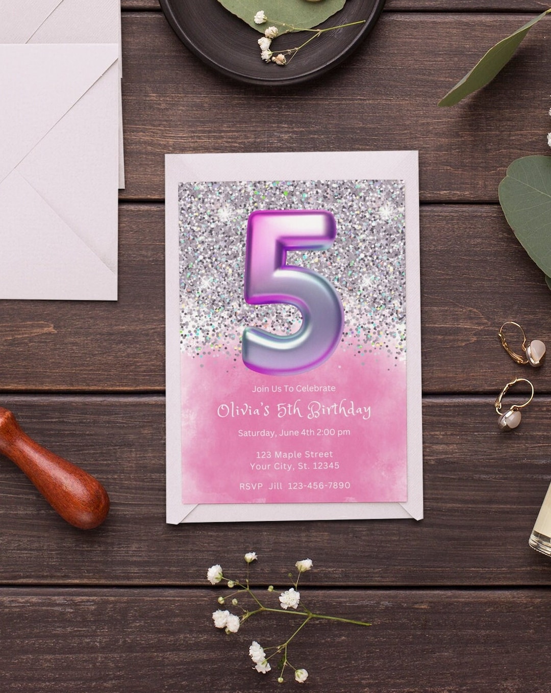 Editable Pink 5th Birthday Invitation Template Glitter Birthday Party ...