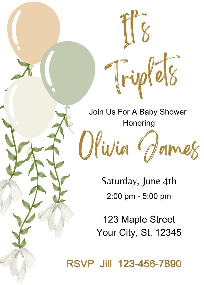 Triplets Baby Shower Invitation Template Neutral Watercolor Balloon ...