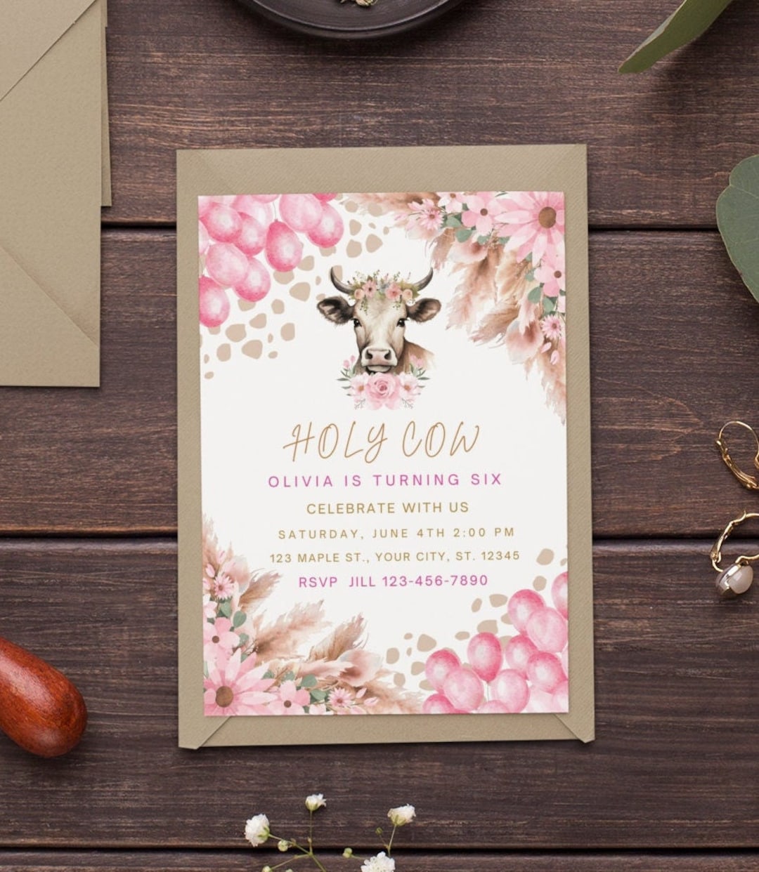 Pink Boho Cow Birthday Invitation Template Holy Cow Invite Pink Pampas ...