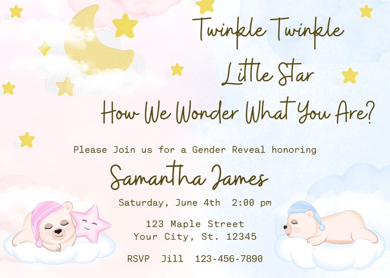 Twinkle Twinkle Little Star Gender Reveal Invitation Template Pink and ...