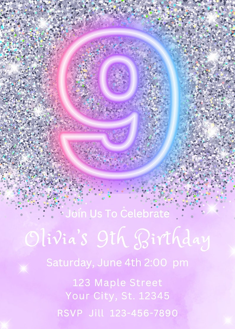 Editable 9th Birthday Invitation Template Purple Glitter Birthday Party ...