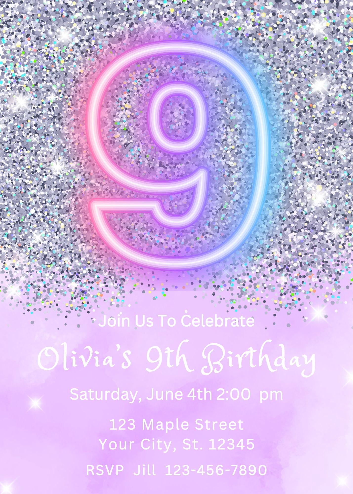 Editable 9th Birthday Invitation Template Purple Glitter Birthday Party ...