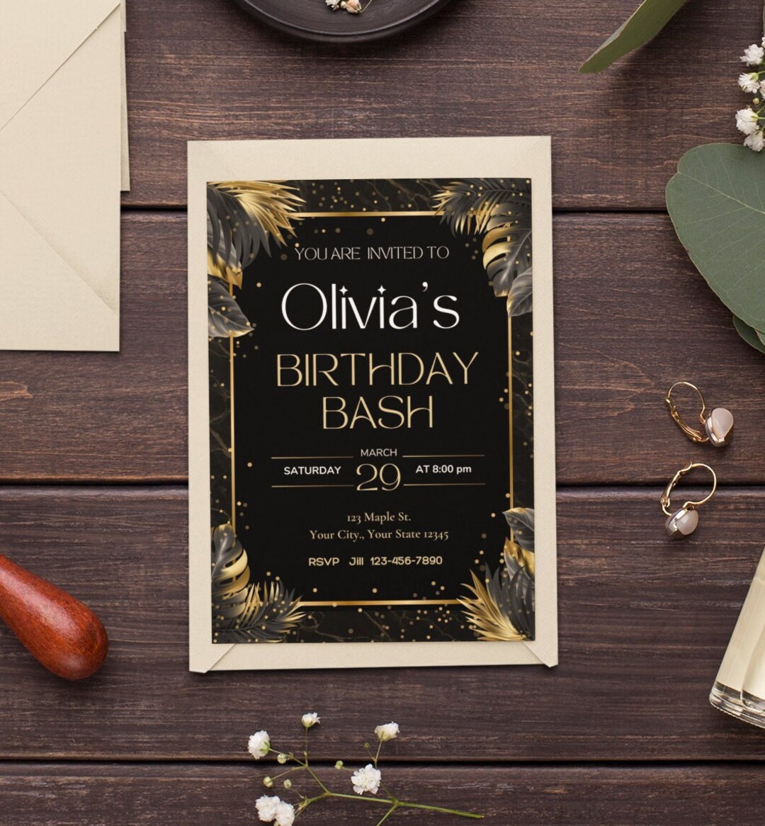Editable Birthday Invitation Template Black and Gold Glitter Birthday ...