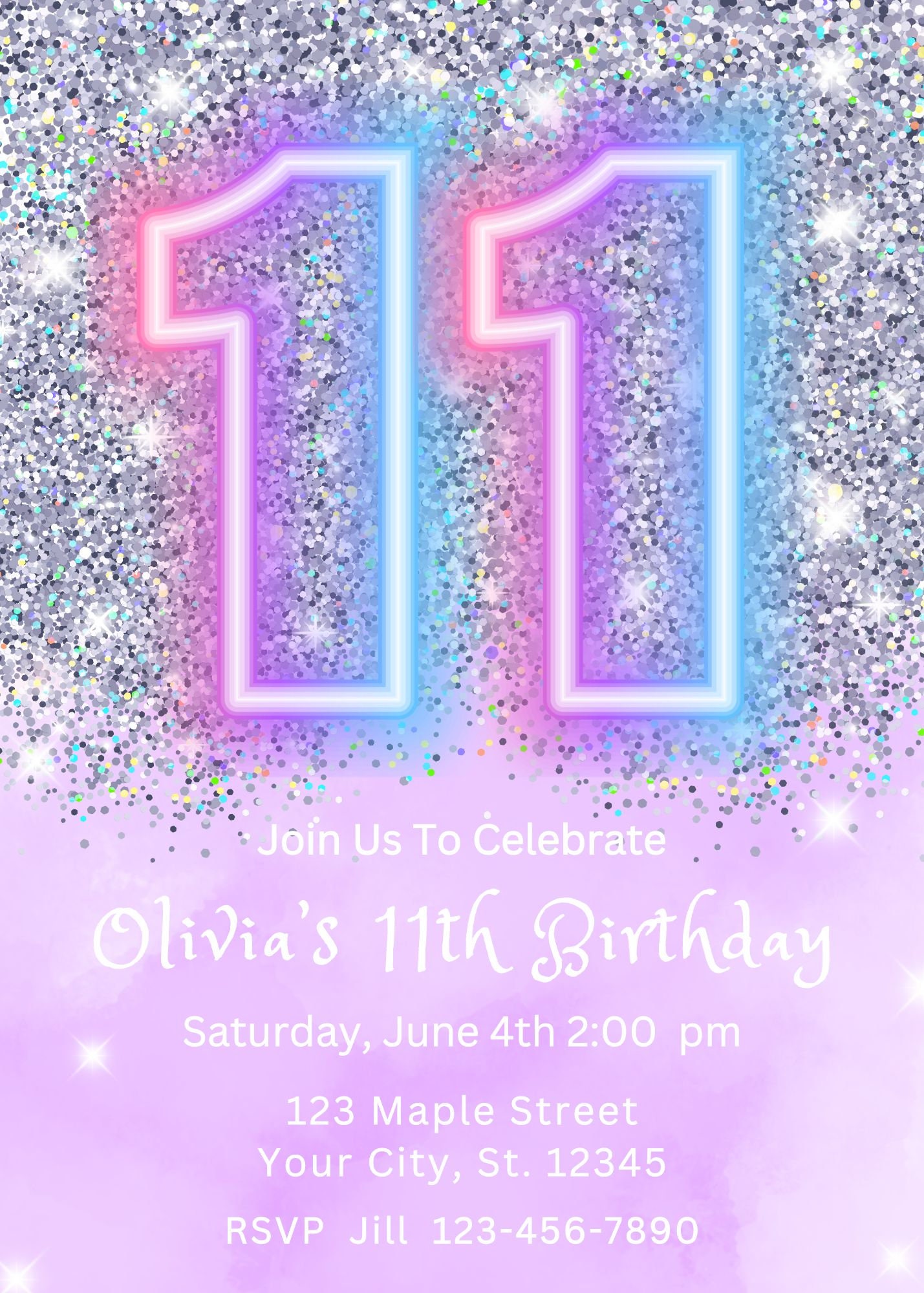 Editable 11th Birthday Invitation Template Purple Glitter Birthday ...