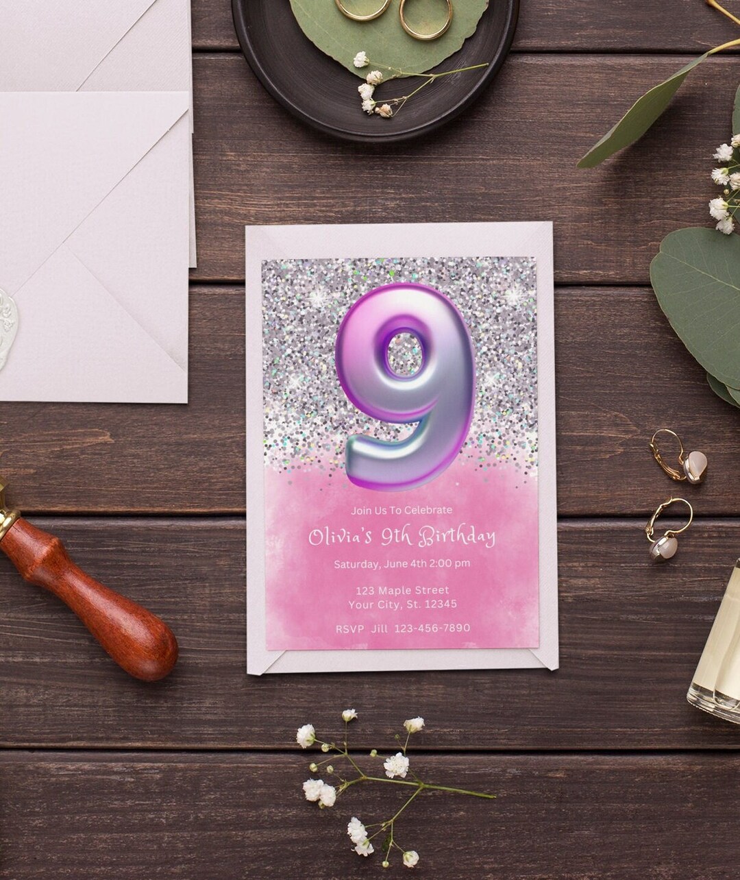 Editable Pink 9th Birthday Invitation Template Glitter Birthday Party ...