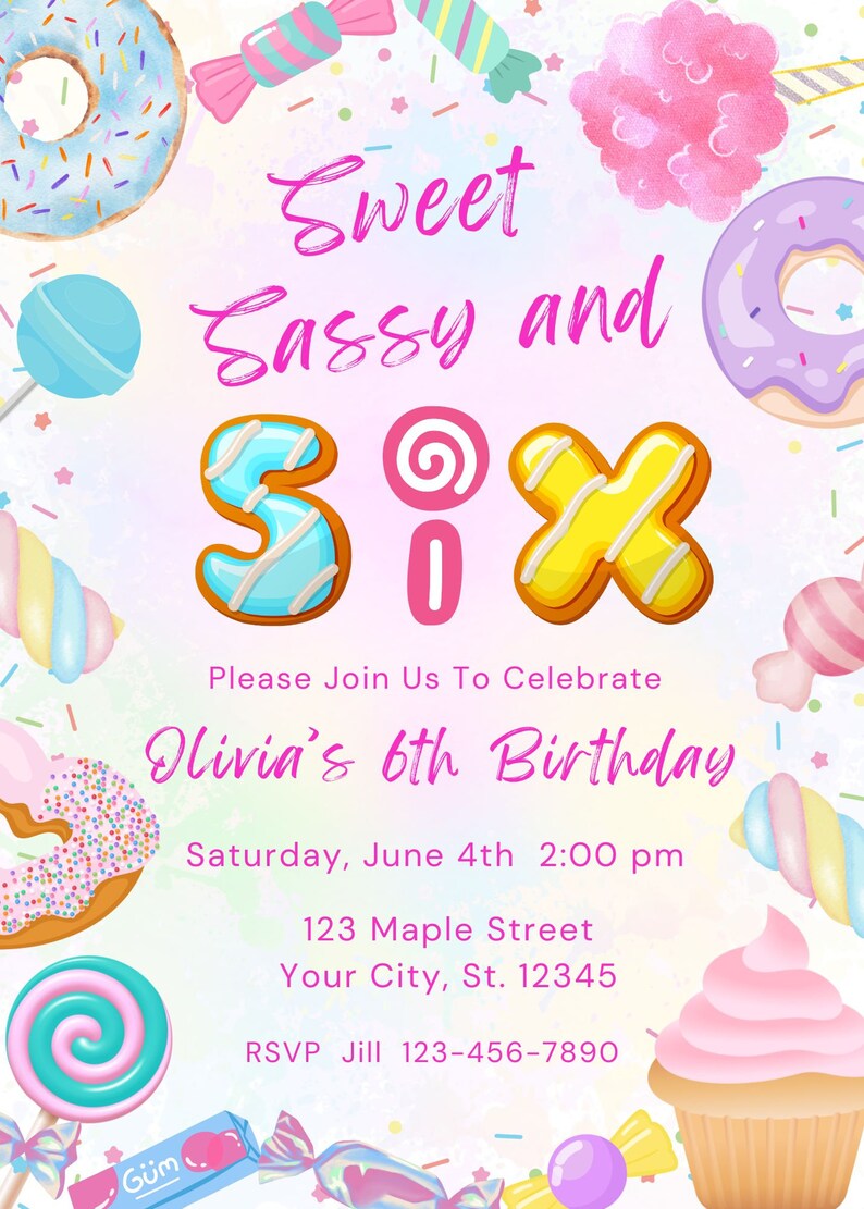 Editable 6th Birthday Invitation Template Candy Birthday Invite Sixth ...